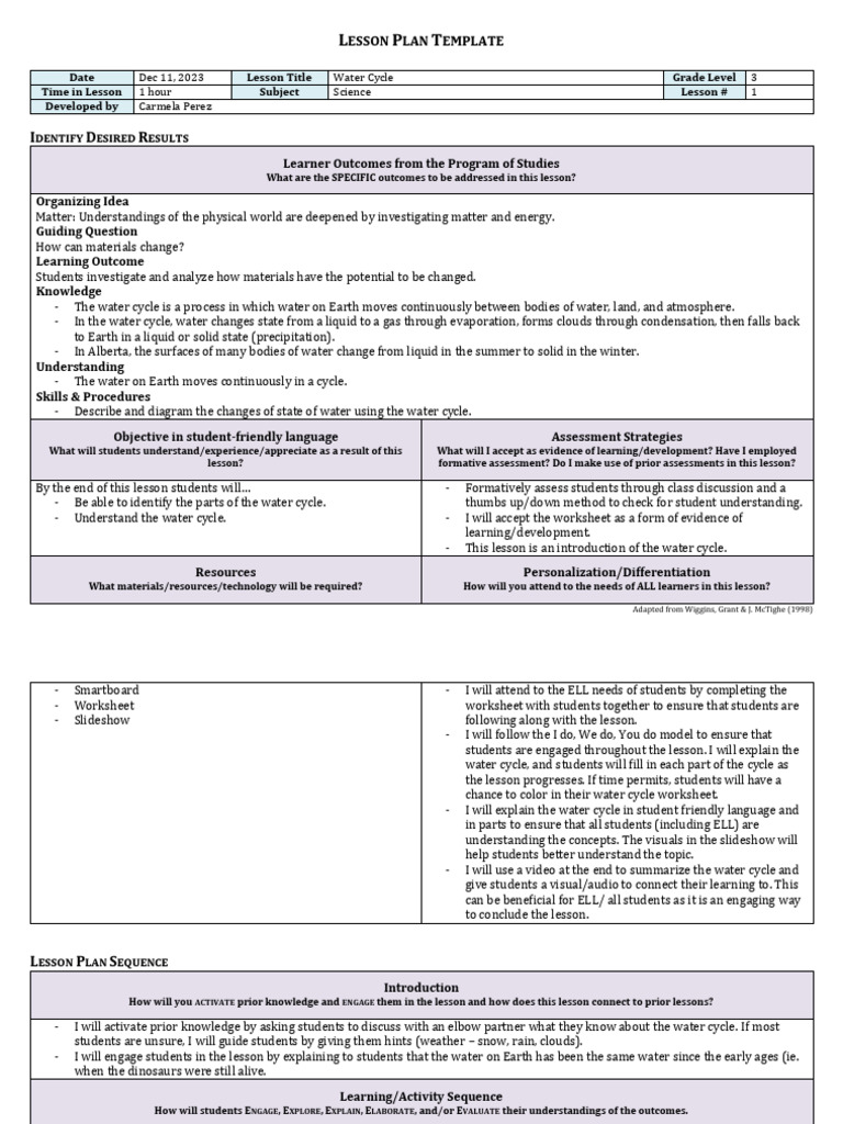 Water Cycle Lesson Plan | Download Free PDF | Water | Learning
