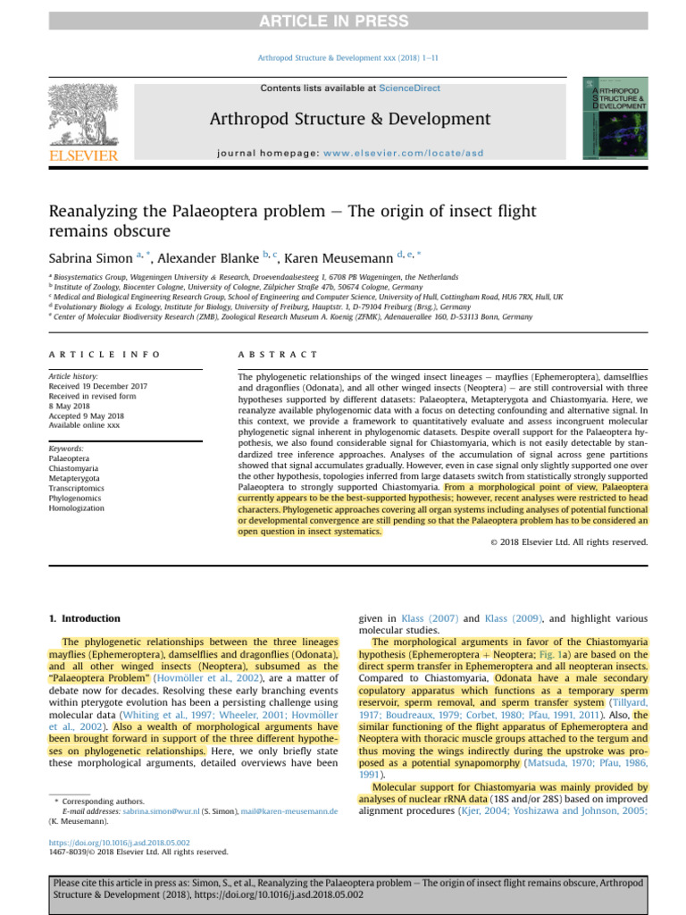 Simon Et Al - 2018 Palaeoptera Problem | PDF