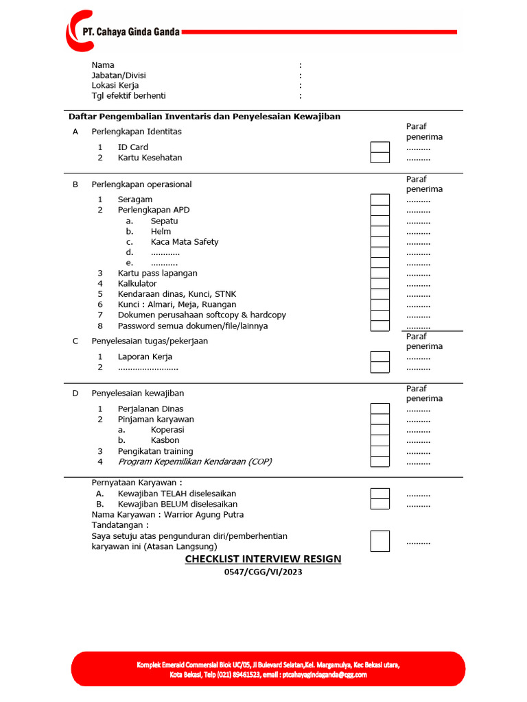 8. FORM CHECKLIST KARYAWAN RESIGN | PDF