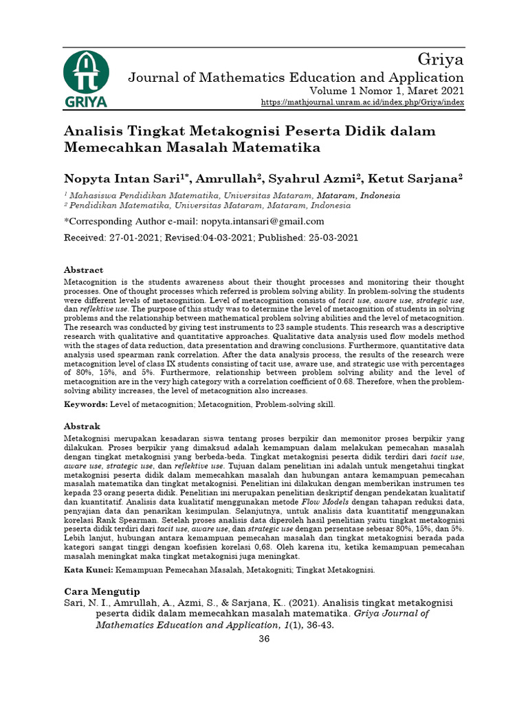 Griya: Analisis Tingkat Metakognisi Peserta Didik Dalam Memecahkan ...