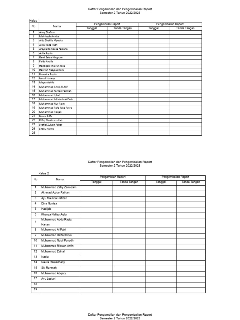 Daftar Pengambilan Dan Pengembalian Raport | PDF