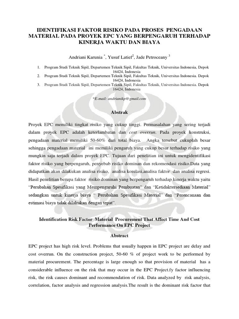 Identifikasi Faktor Risiko Pada Proses Pengadaan Material Pada Proyek EPC Yang Berpengaruh ...