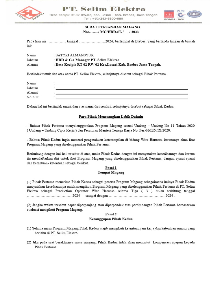 Perjanjian Kerja Magang 2023 BARU | PDF