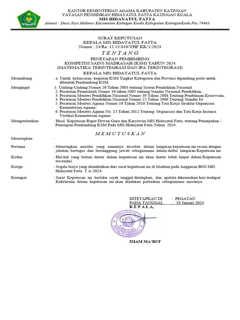 SK Pembimbing KSM MIS Hidayatul Fatta | PDF