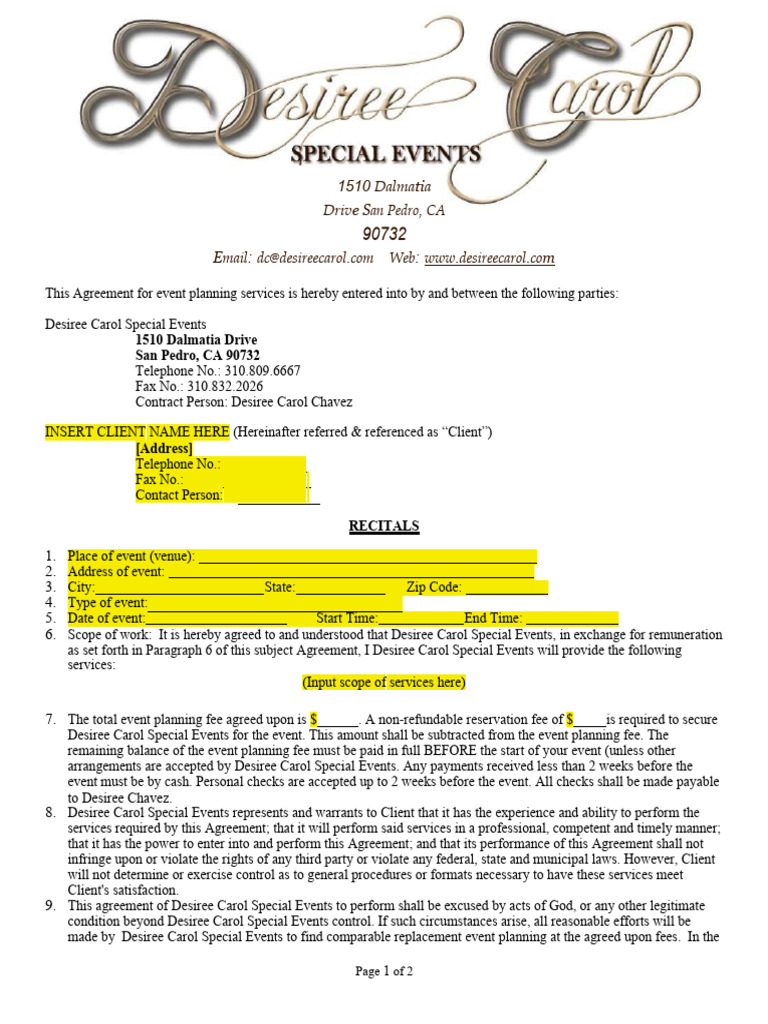 Special Event Contract Template PDF Format | PDF | Damages | Legal ...