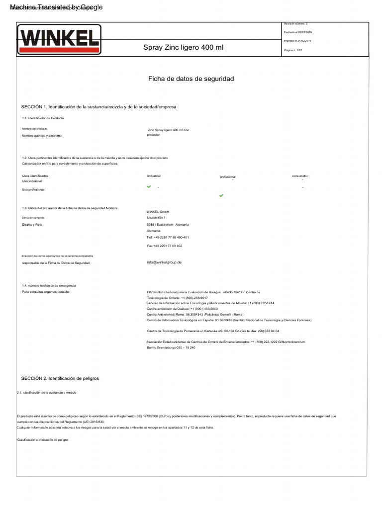 Ficha de Seguridad Spray Zinc 400 ml | PDF | Aerosol | Química