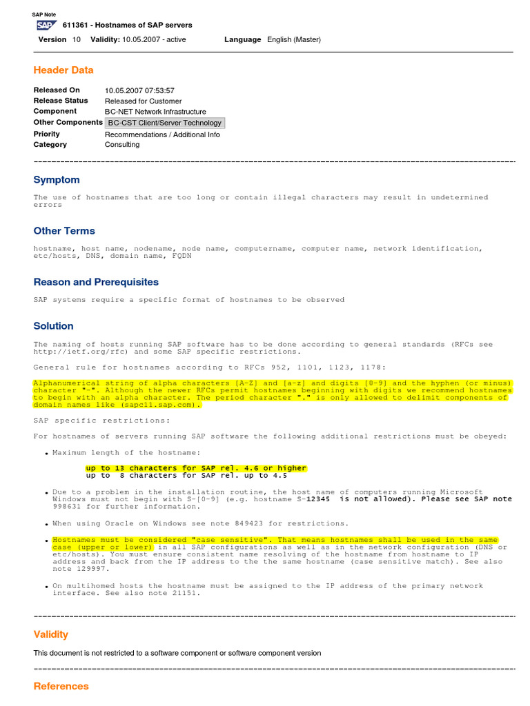 Note 611361 Hostname of SAP Servers | PDF