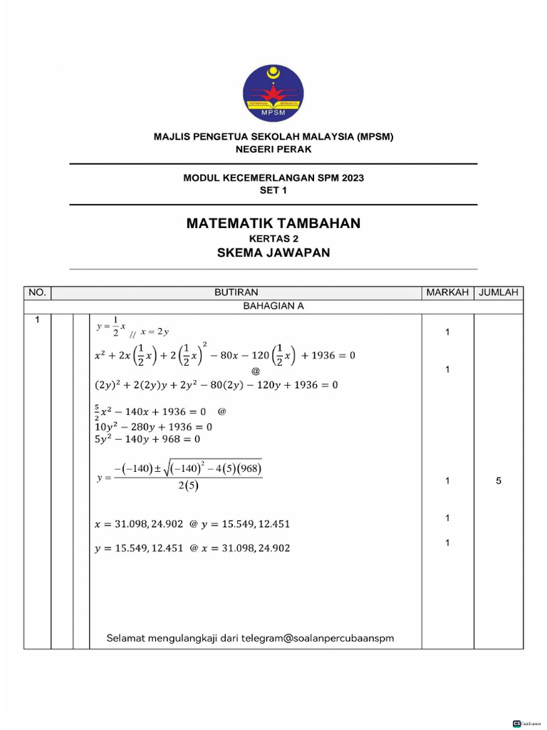 Skema Matematik Tambahan K2 Set 1 Perak 2023 | PDF