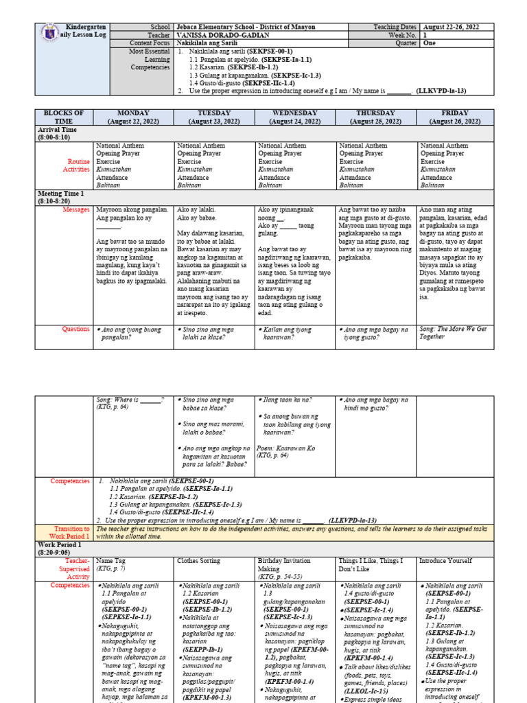 Kindergarten DLL MELC Q1 Week 1 1 | PDF