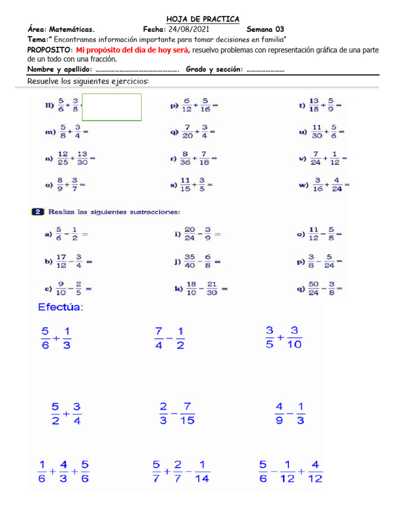 Hoja de Practica Sumas y Restas de Fracciones | PDF