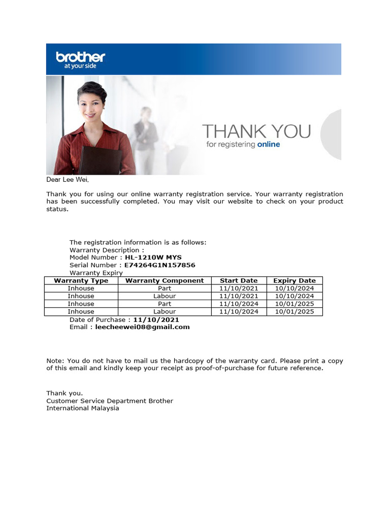 Brother Warranty Registration Confirmation | PDF
