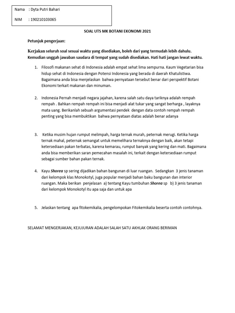 Soal Uts MK Botani Ekonomi 2021 - Dyta Putri Bahari - 190210103065 | PDF