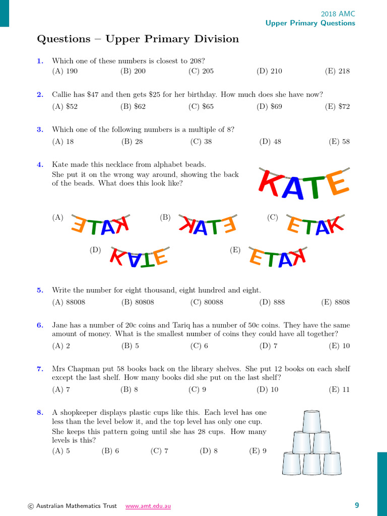 2018 Australian Mathematics Competition AMC Upper Primary Years 5 - 6 ...