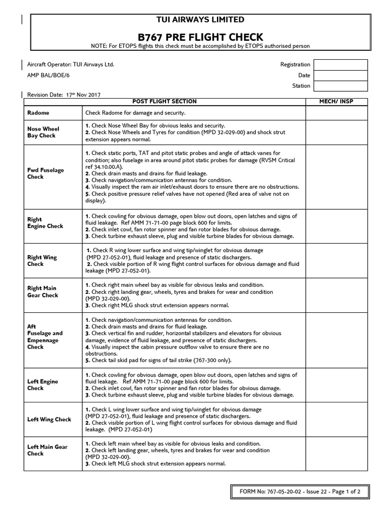 TUI Airways B767 Pre-Flight Checklist | PDF | Empennage | Landing Gear