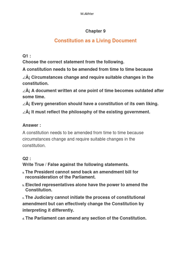 Class 11 SST Chapter 9 Constitution As A Living Documents | PDF ...
