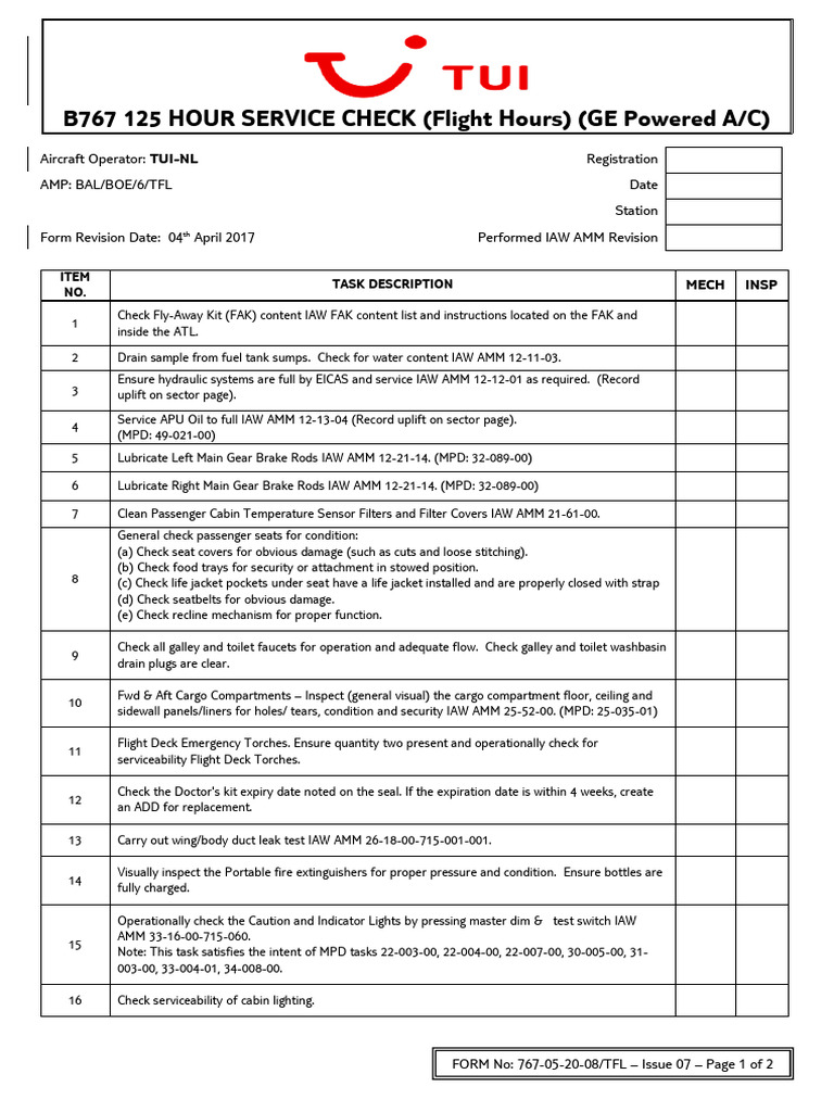 767-05-20-08-TFL B767 125 HOUR SERVICE CHECK (FLIGHT HOURS) TFL (Iss 07 ...