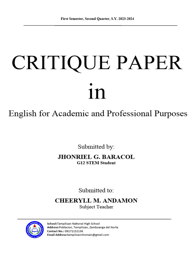 Critique Paper Format Features AND Structure OF A Critique Paper