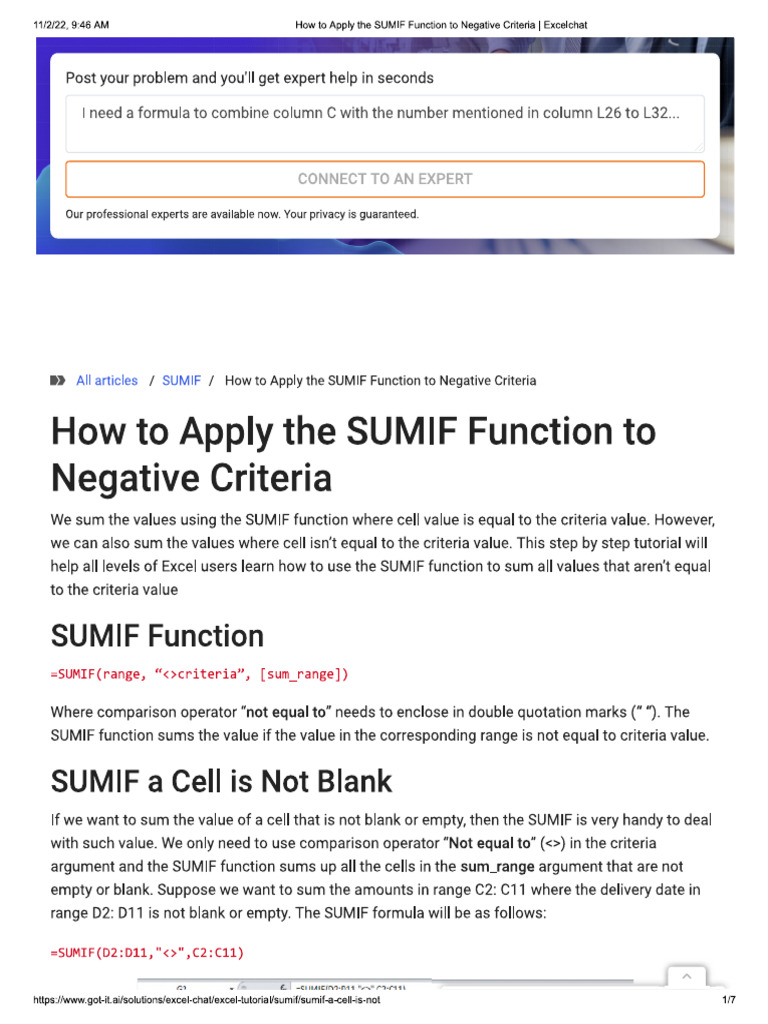 How To Apply The Sumif Function To Negative Criteria Excelchat Pdf