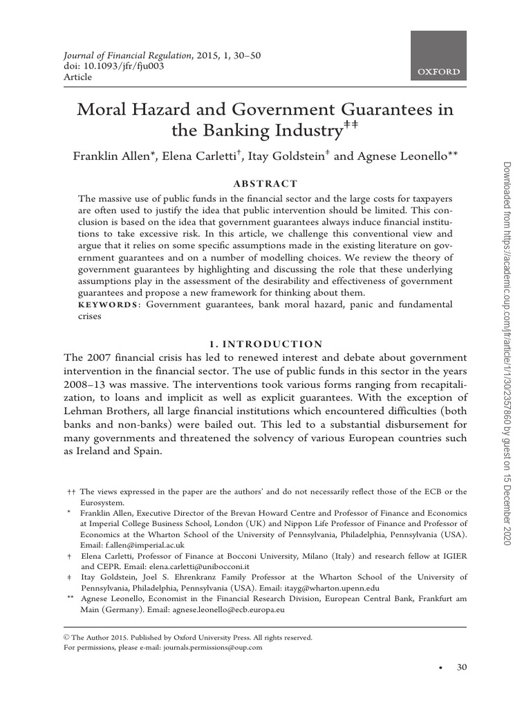 Allen 2015 Moral Hazard Banking | PDF | Bank Run | Deposit Insurance