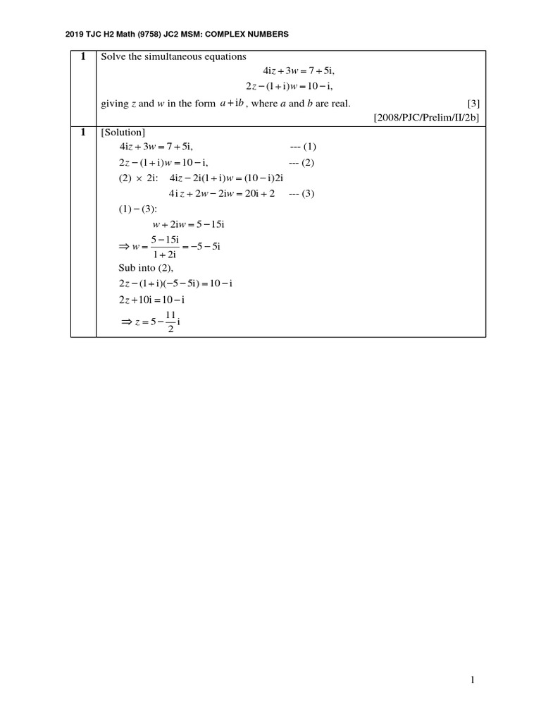 2019 H2 JC2 MSM Complex Numbers (Solutions) | PDF | Complex Number ...