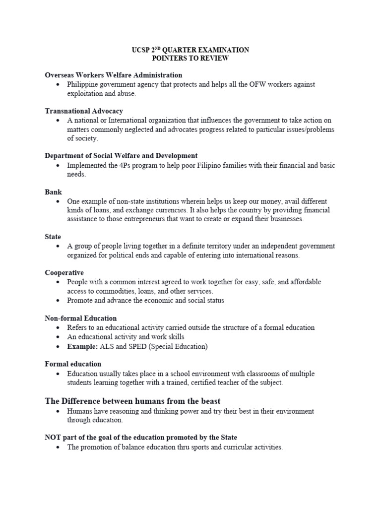 Ucsp Q2 Pointers To Review | PDF | Poverty | Poverty & Homelessness
