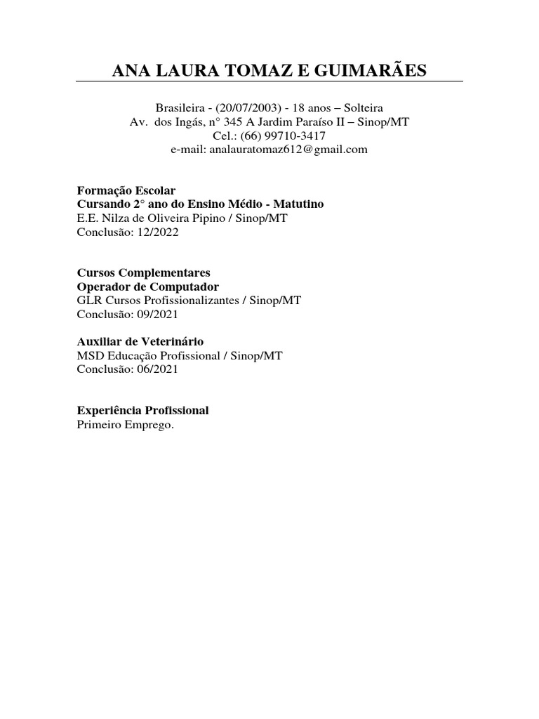 Curriculo Ana Laura Tomaz e Guimarães | PDF