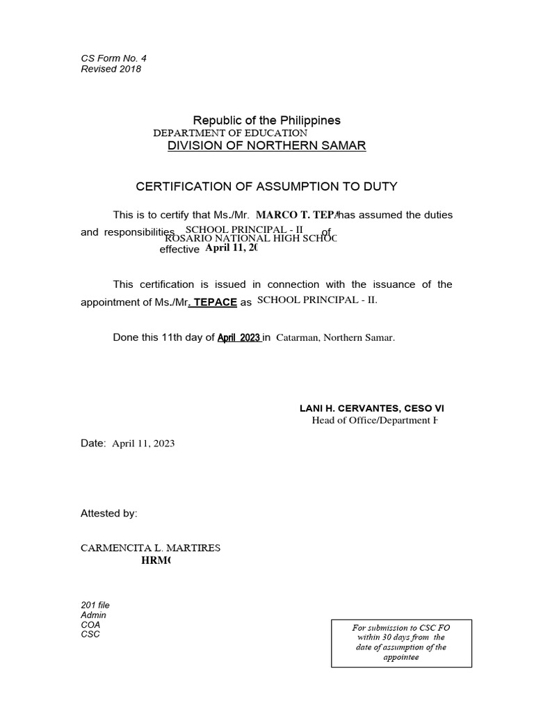 Certification of Assumption to Duty | PDF