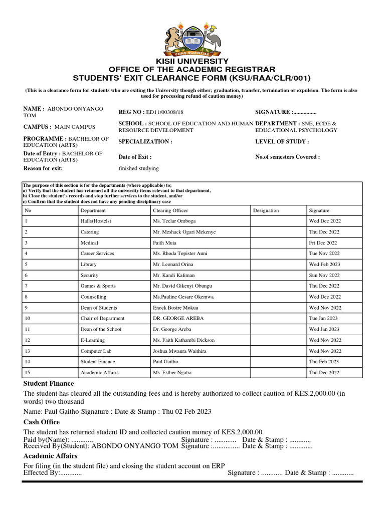 ABONDO ONYANGO TOM Departmental Clearance Form As at Thu 02 Feb 2023 | PDF