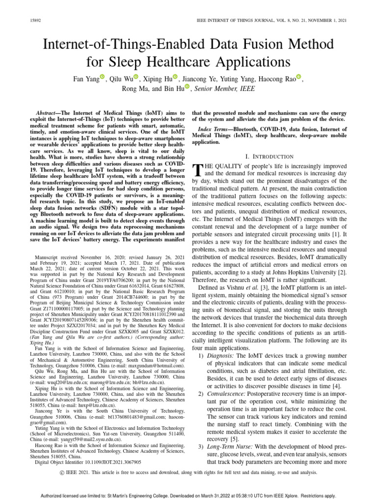 Internet-of-Things-Enabled Data Fusion Method For Sleep Healthcare Applications | PDF