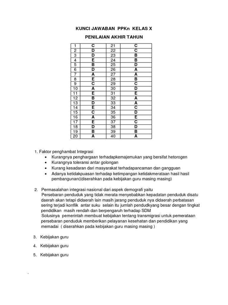 KUNCI PAT PPKN MA 2022 KELAS X | PDF