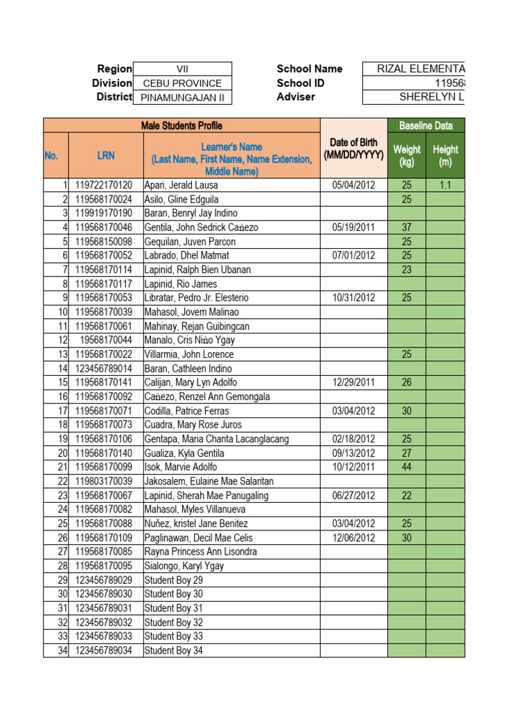 EDITABLE School Form 8 SF8 Learners Basic Health Nutritional Report | PDF | Body Mass Index ...