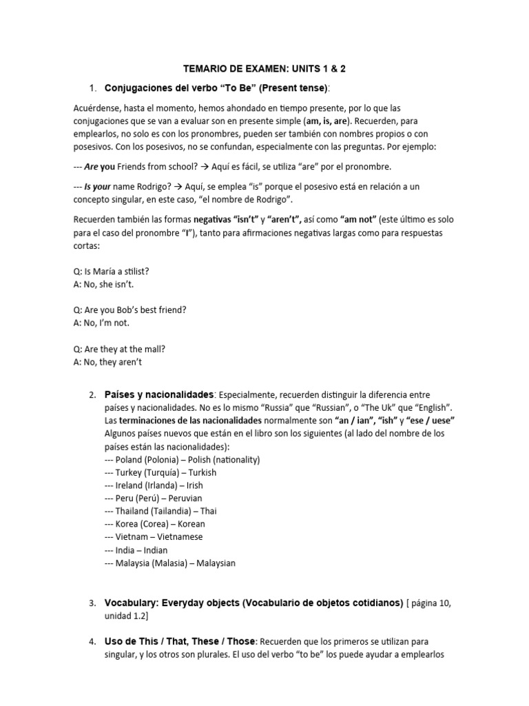TEMARIO DE EXAMEN Units 1&2 | PDF | Verbo | Numero Gramatical