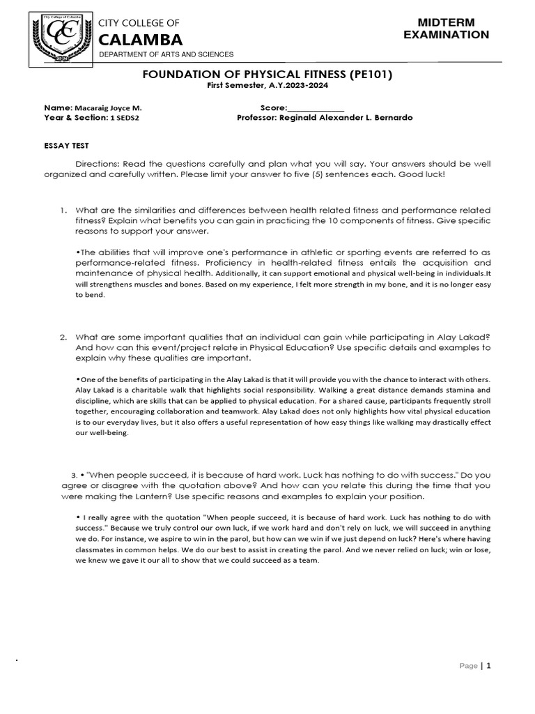 PE101 Major Exam | PDF | Physical Fitness | Psychology