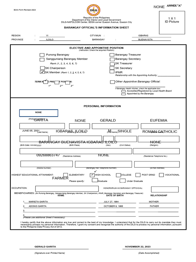 Revised BOIS Form 2023 for Barangays | PDF | Government