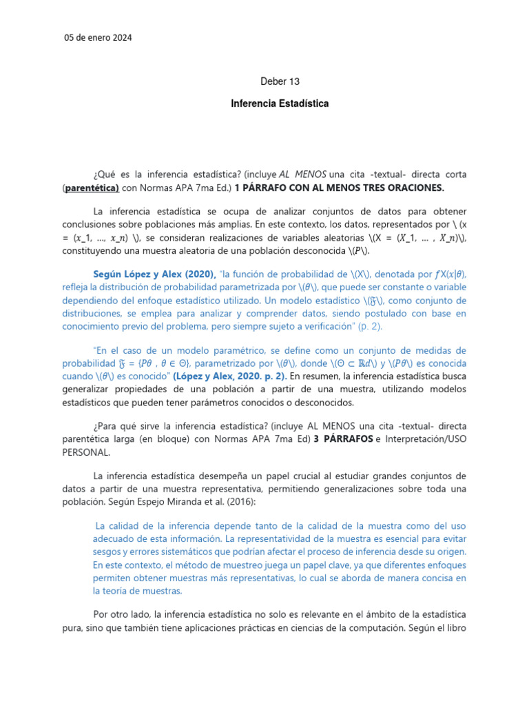 Deber 13 (Inferencia Estadística) | PDF | Muestreo (Estadísticas) | Teoría de la estimación