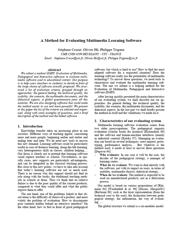 A Method For Evaluation Multimedia LÑearning Software | PDF | Usability | Software