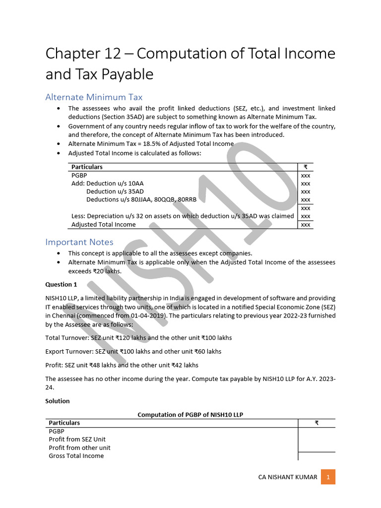 Chapter 12 - Computation of Total Income and Tax Payable - Notes | PDF ...