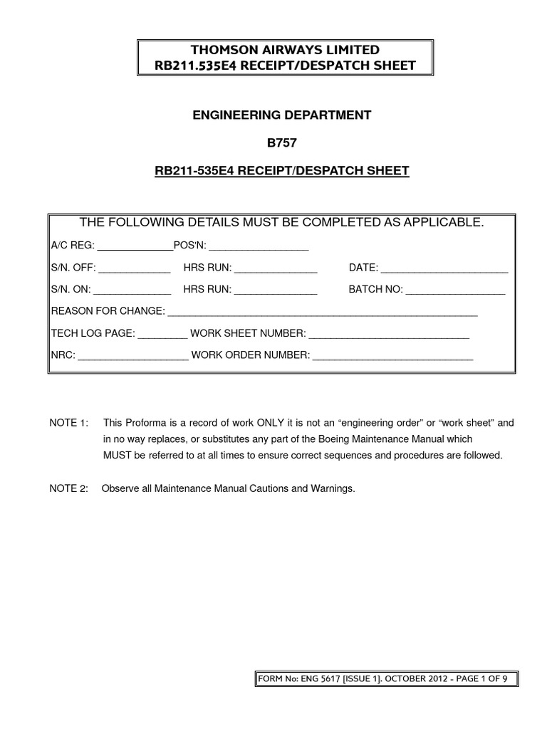 ENG5617 B757 RB211-535E4 Receipt-Despatch Sheet | PDF | Valve | Propulsion