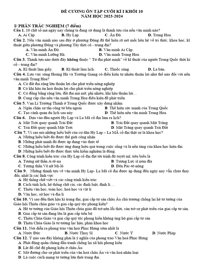 ĐỀ CƯƠNG CK I- K10 | PDF