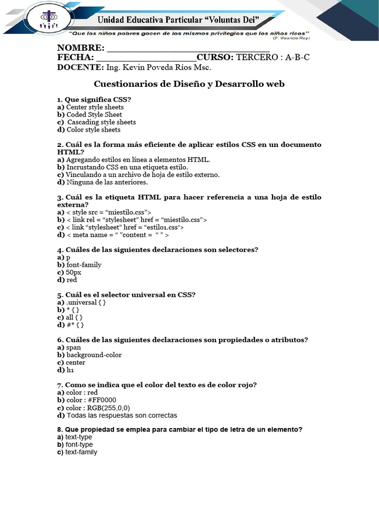 Cuestionarios de Diseño y Desarrollo Web - Tercero ABC | PDF