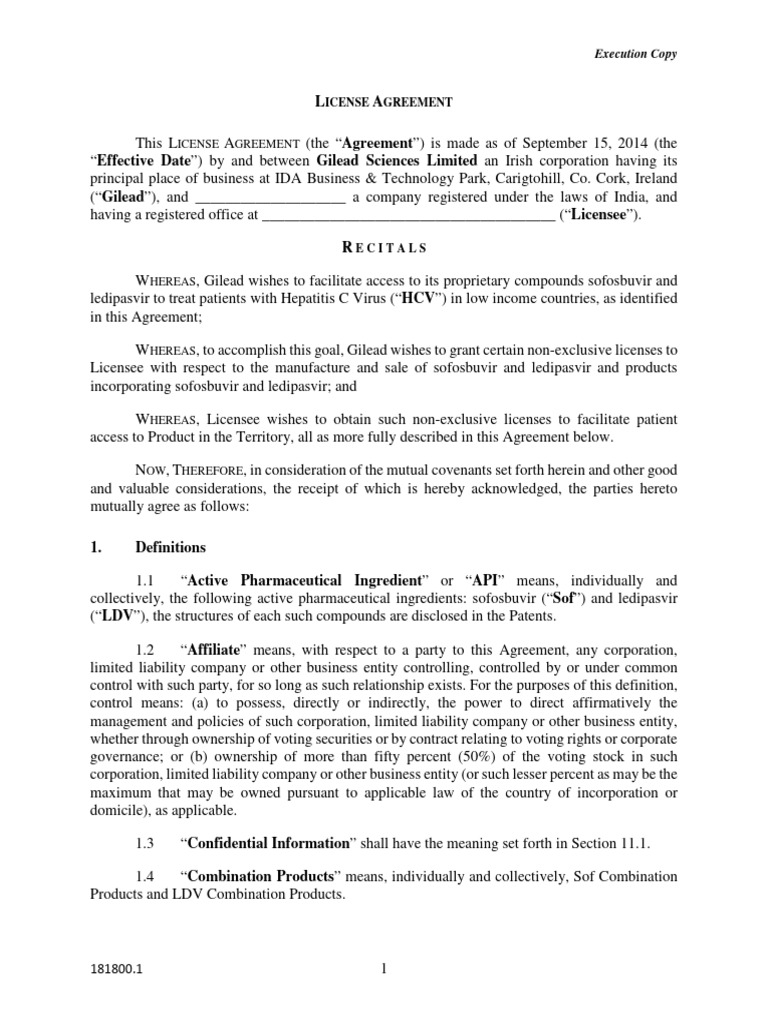 2014 Original HCV Licensing Agreement | PDF | License | Royalty Payment