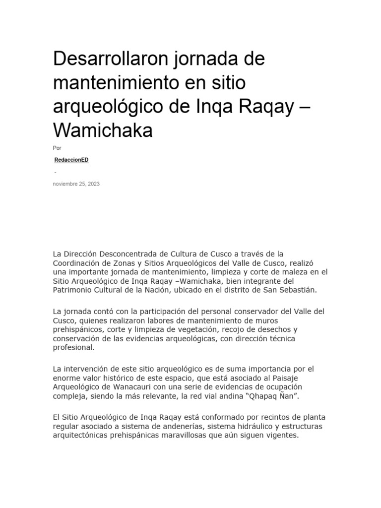 Mantenimiento en Sitio Arqueológico de Inqa Raqay - Wamichaka | PDF ...