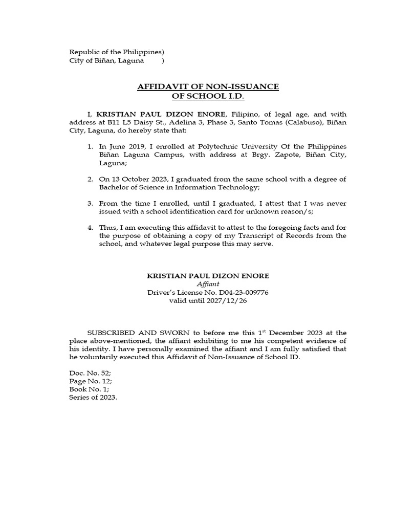 Affidavit of Non-Issuance of School ID | PDF
