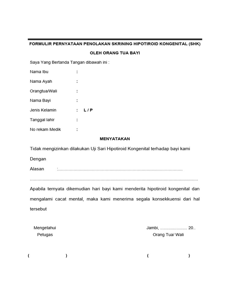 Form Penolakan SHK Oleh Ortu Bayi | PDF