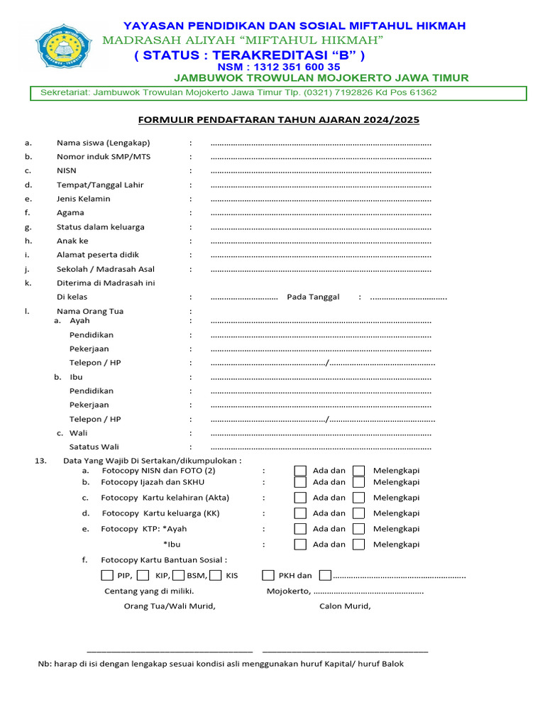 Formulir Pendaftaran Murid Baru SD | PDF