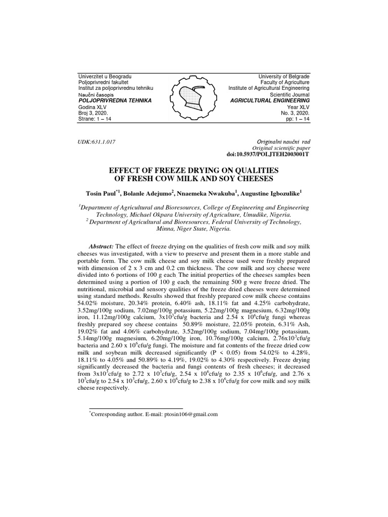 Effect of Freeze Drying On Qualities of | PDF | Soybean | Magnesium