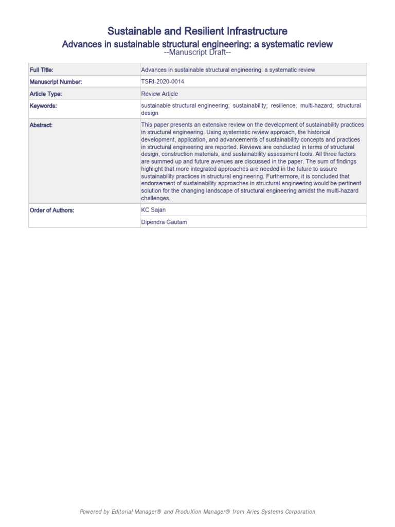 Advances in Sustainable Structural Engineering A Systematic Review ...