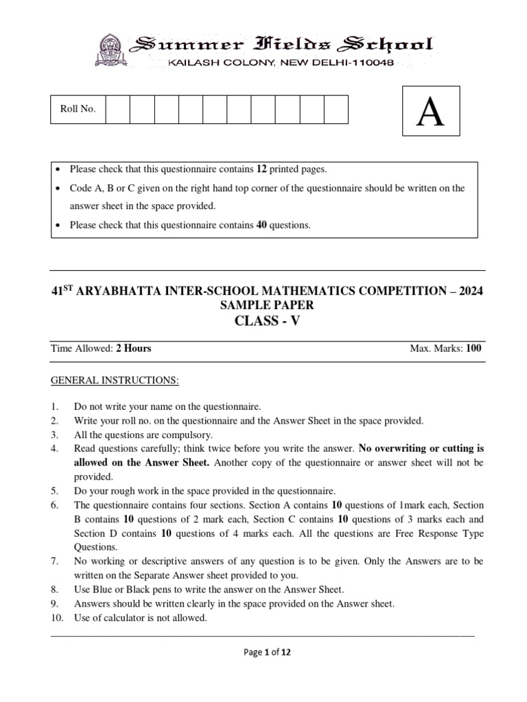 Summer Fields Aryabhatta Maths Competition Sample Paper 2023 | PDF | Area | Bed