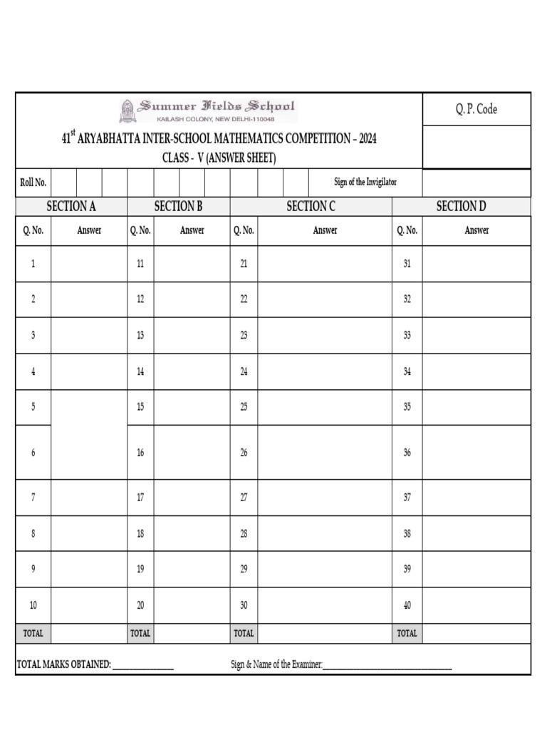 Aryabhatta Maths Competition 2024 Answer Sheet | PDF