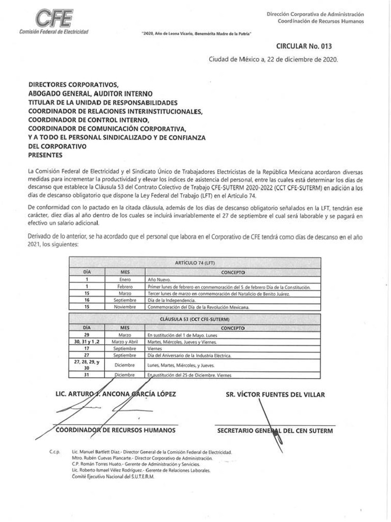Circular No. 13 2020 Calendario de Dias de Descanso Parael Ano 2021 | PDF